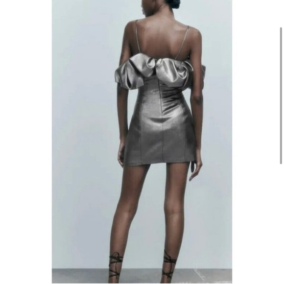 Zara | Dresses | New Zara Metallic Silver Off The Shoulder Ruffle Mini ...